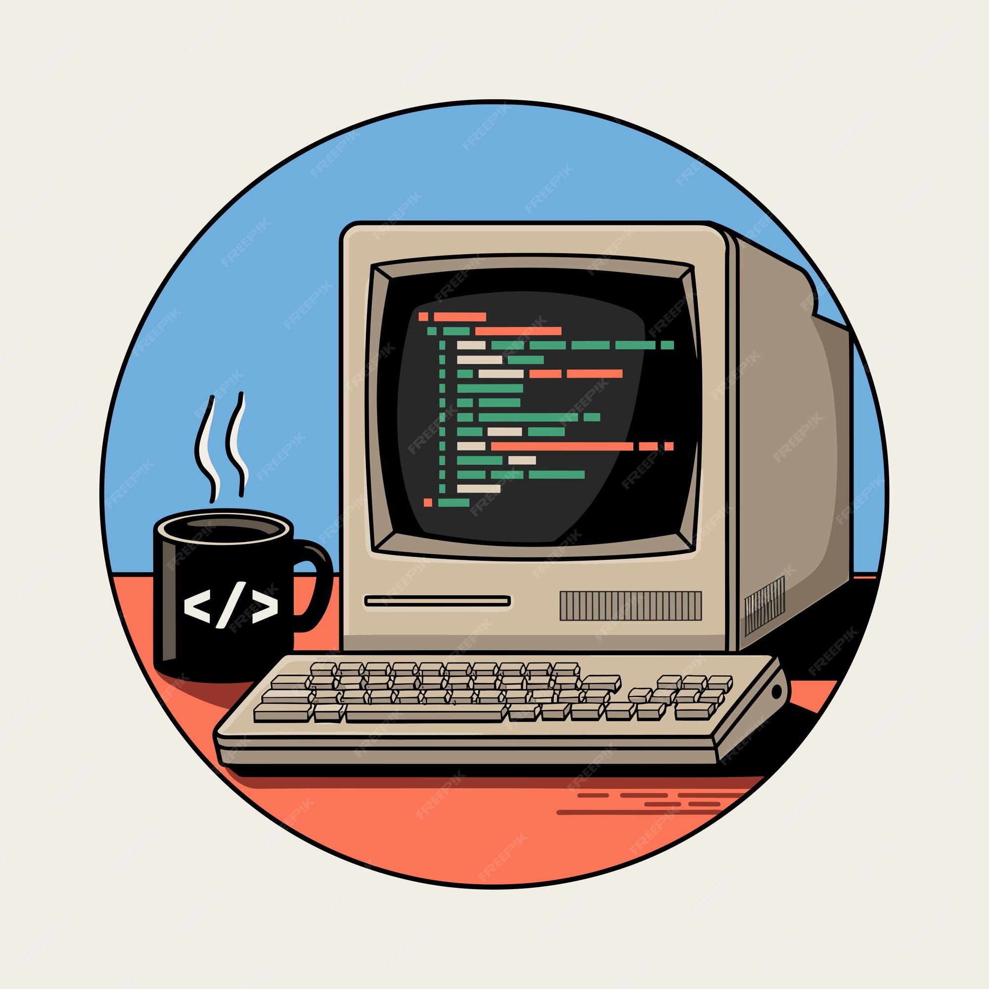 Retro computer with a coding screen and coffee mug symbolizing classic programming | Premium AI ...