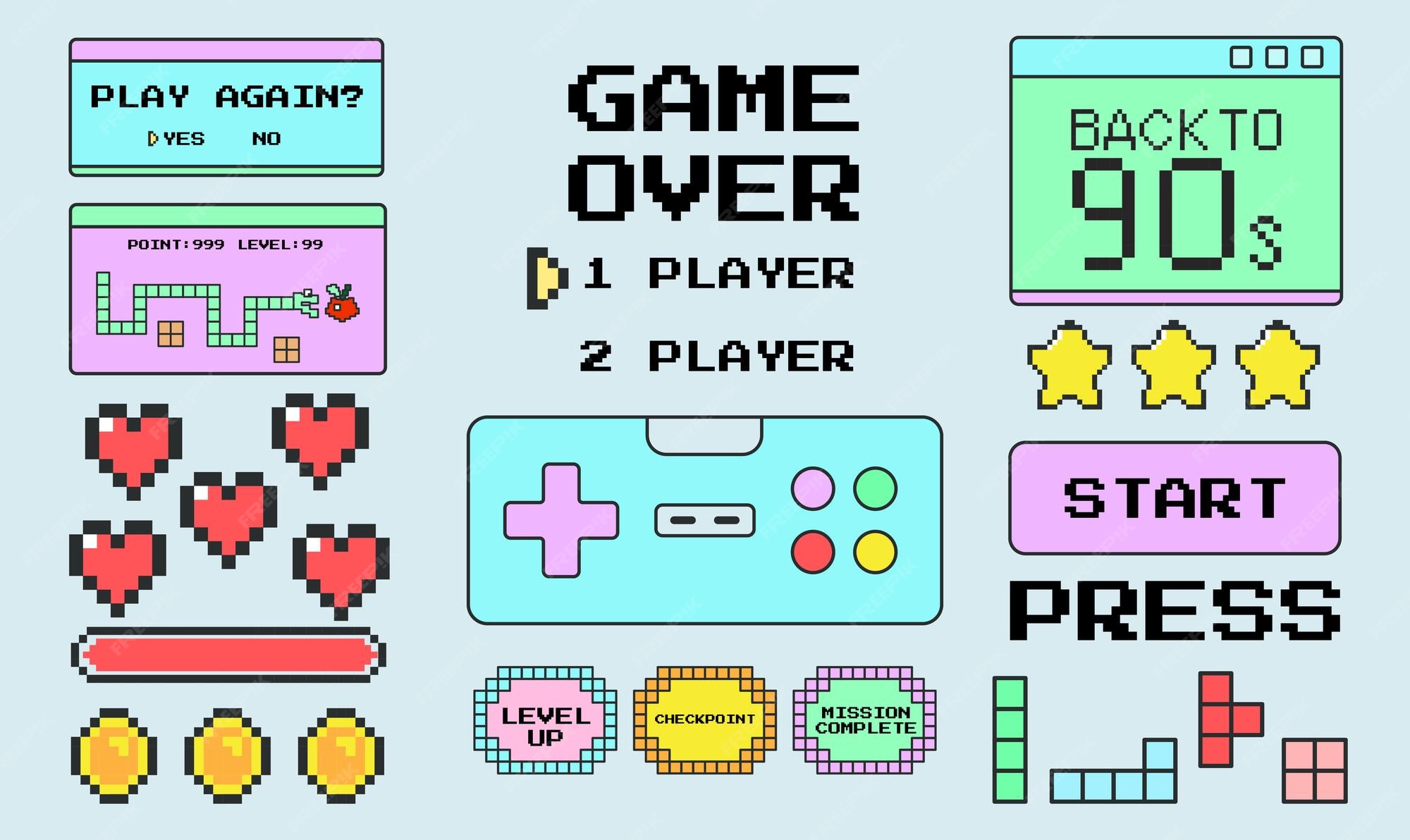 Premium Vector | Retro game object set Set of game user interface elements pixel style retro ...