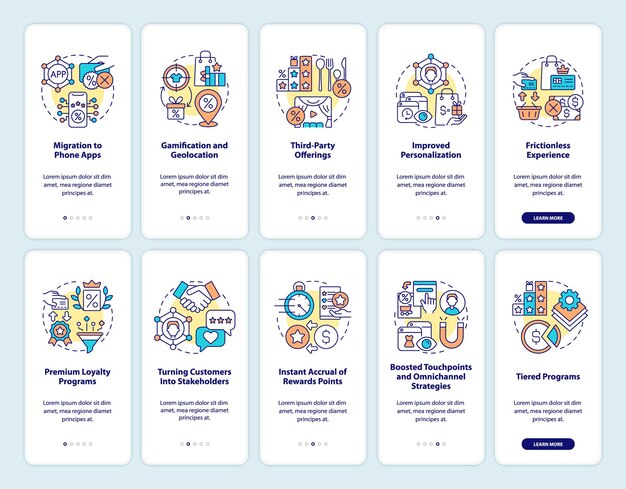 모바일 앱 페이지 화면 세트를 온보딩하는 고객을 위한 보상 시스템입니다 트렌드는 개념이 포함된 5단계 그래픽 지침을 안내합니다 선형 컬러 일러스트레이션이 있는 Ui