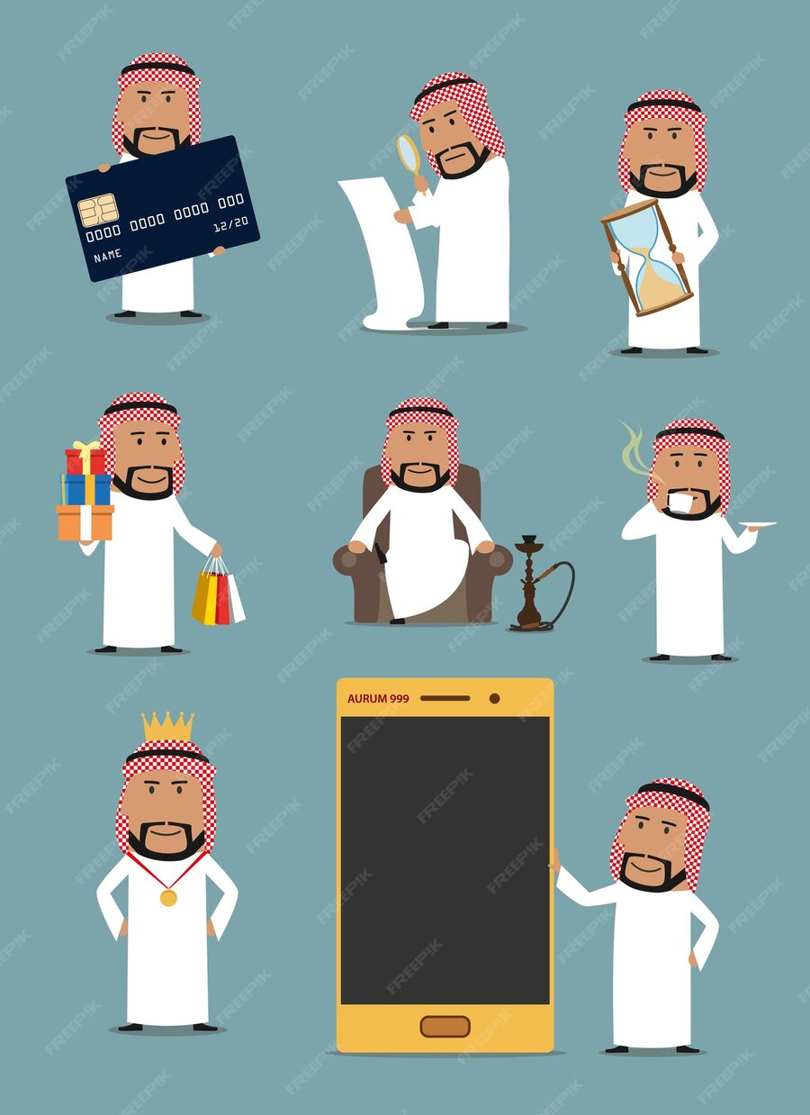 Premium Vector | Rich arab businessman cartoon character set Premium Vector | Rich arab businessman cartoon character set