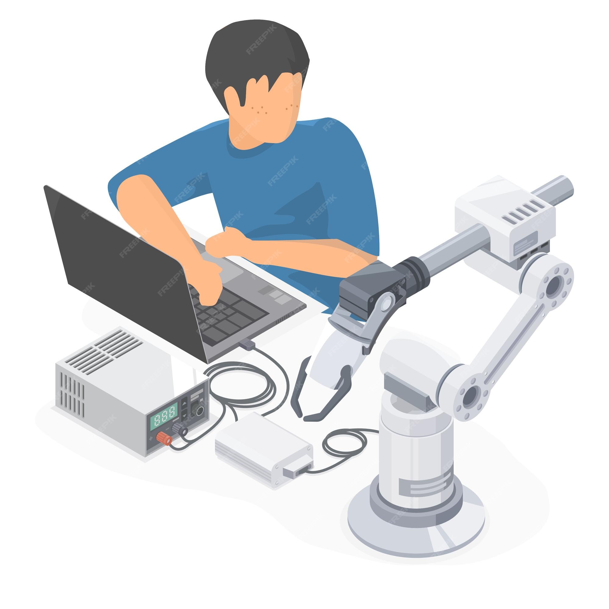 Premium Vector | Robot arm programing programer leaning isometric ...