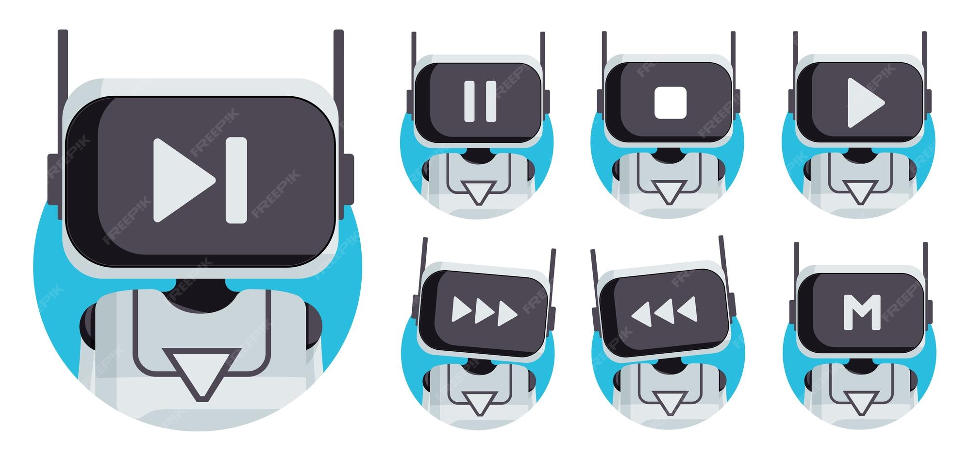 Premium Vector | Robot characters vector set design. Robots character with play, pause and stop ...
