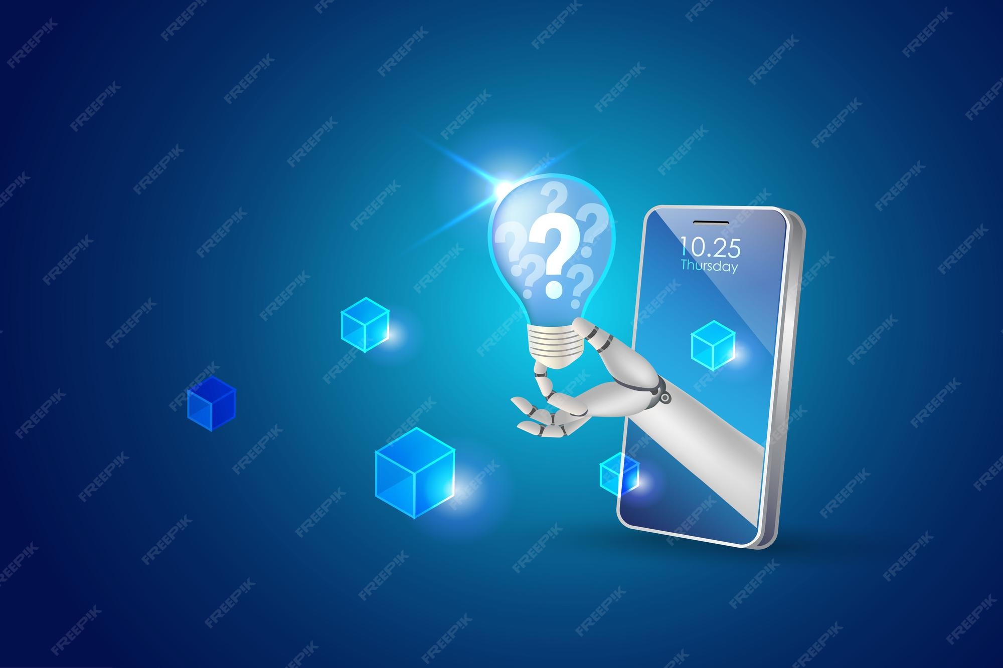 Premium Vector | Robot hand holding lightbulb with question mark on smartphone ai artificial ...