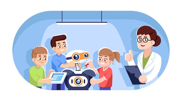 Premium Vector | Robotics courses for children flat vector illustration Premium Vector | Robotics courses for children flat vector illustration