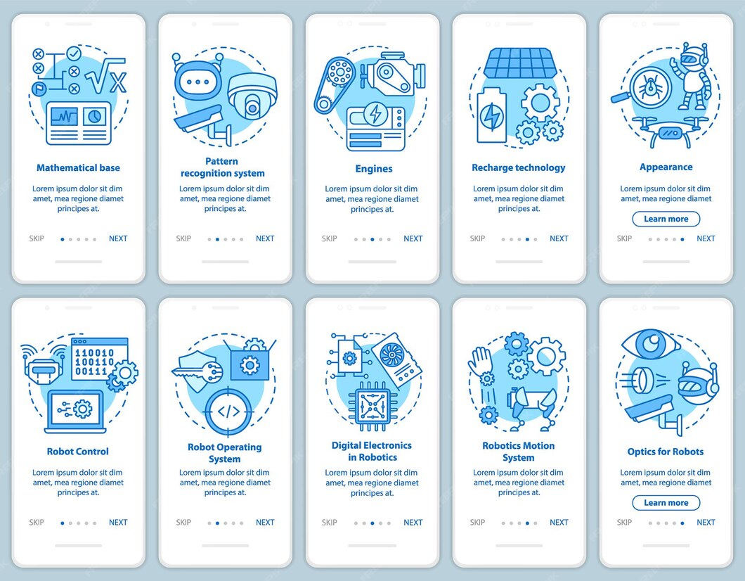 Premium Vector Robotics Courses Onboarding Mobile App Page Screen Vector Template Set Robots