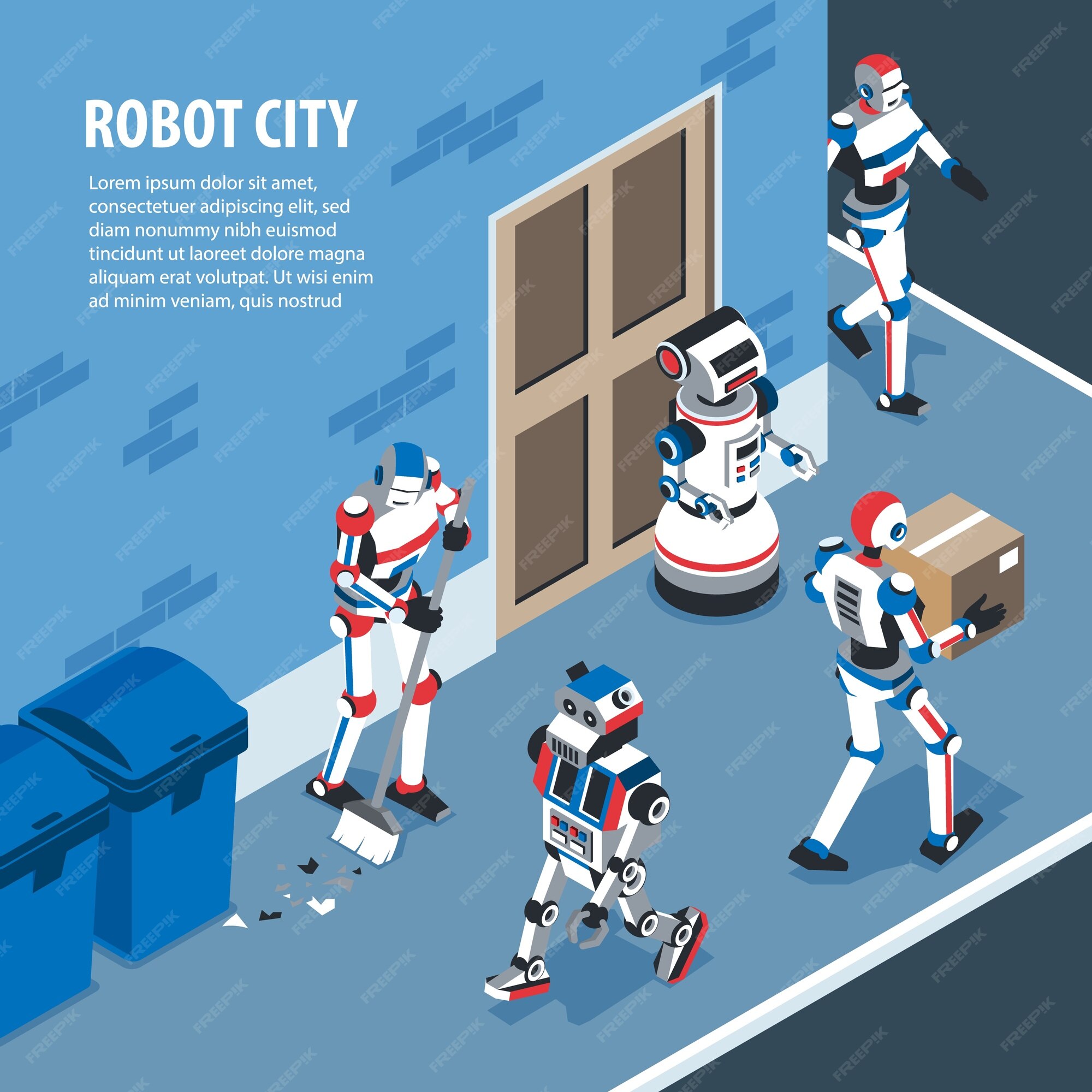 Premium Vector | Robots city isometric cartoon composition Premium Vector | Robots city isometric cartoon composition