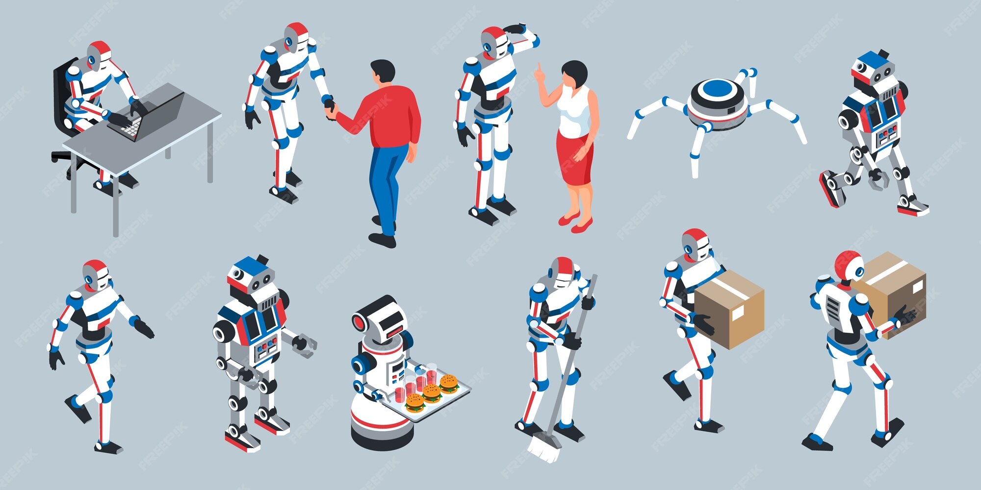 Premium Vector | Robots isometric cartoon icons set Premium Vector | Robots isometric cartoon icons set