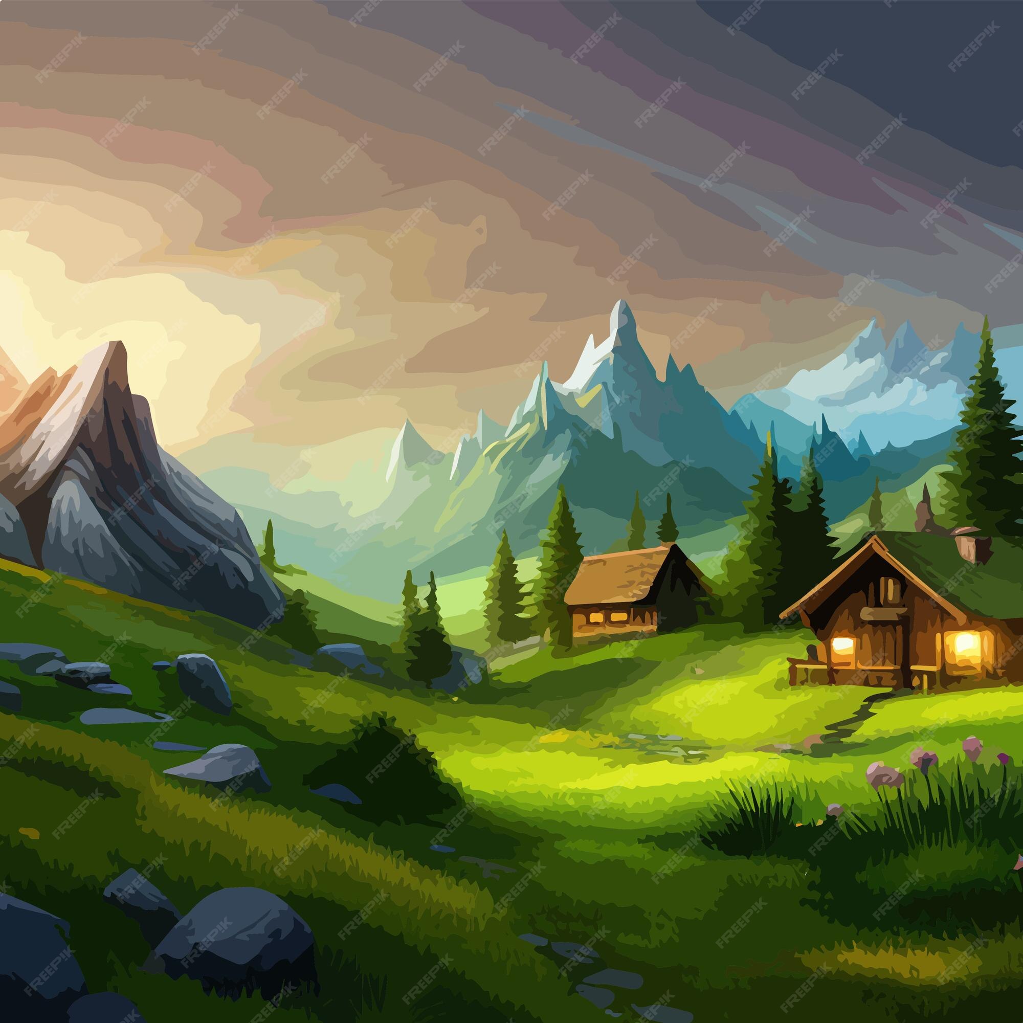 Premium Vector | Rustic hut on green meadow mountain with sunset sky ... Premium Vector | Rustic hut on green meadow mountain with sunset sky ...
