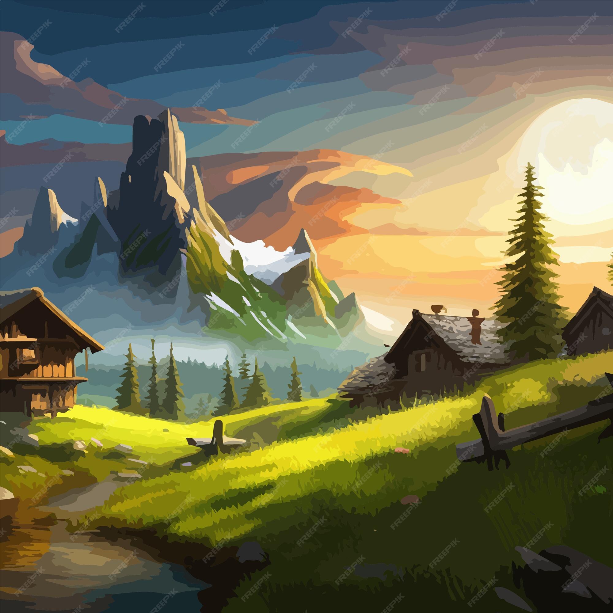 Premium Vector | Rustic hut on green meadow mountain with sunset sky ... Premium Vector | Rustic hut on green meadow mountain with sunset sky ...