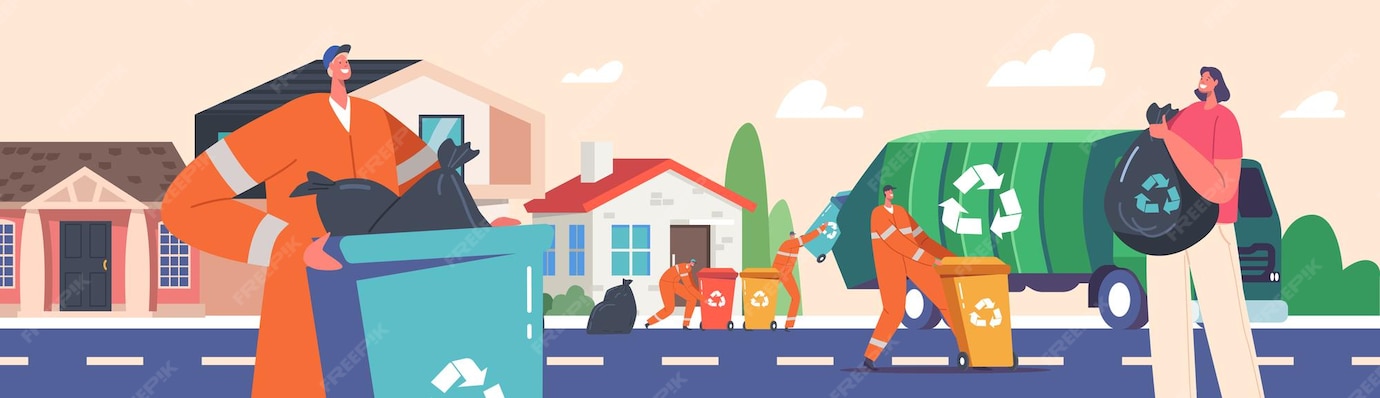 Premium Vector Scavengers In Uniform Collect Litter To Truck Woman Throw Garbage Into