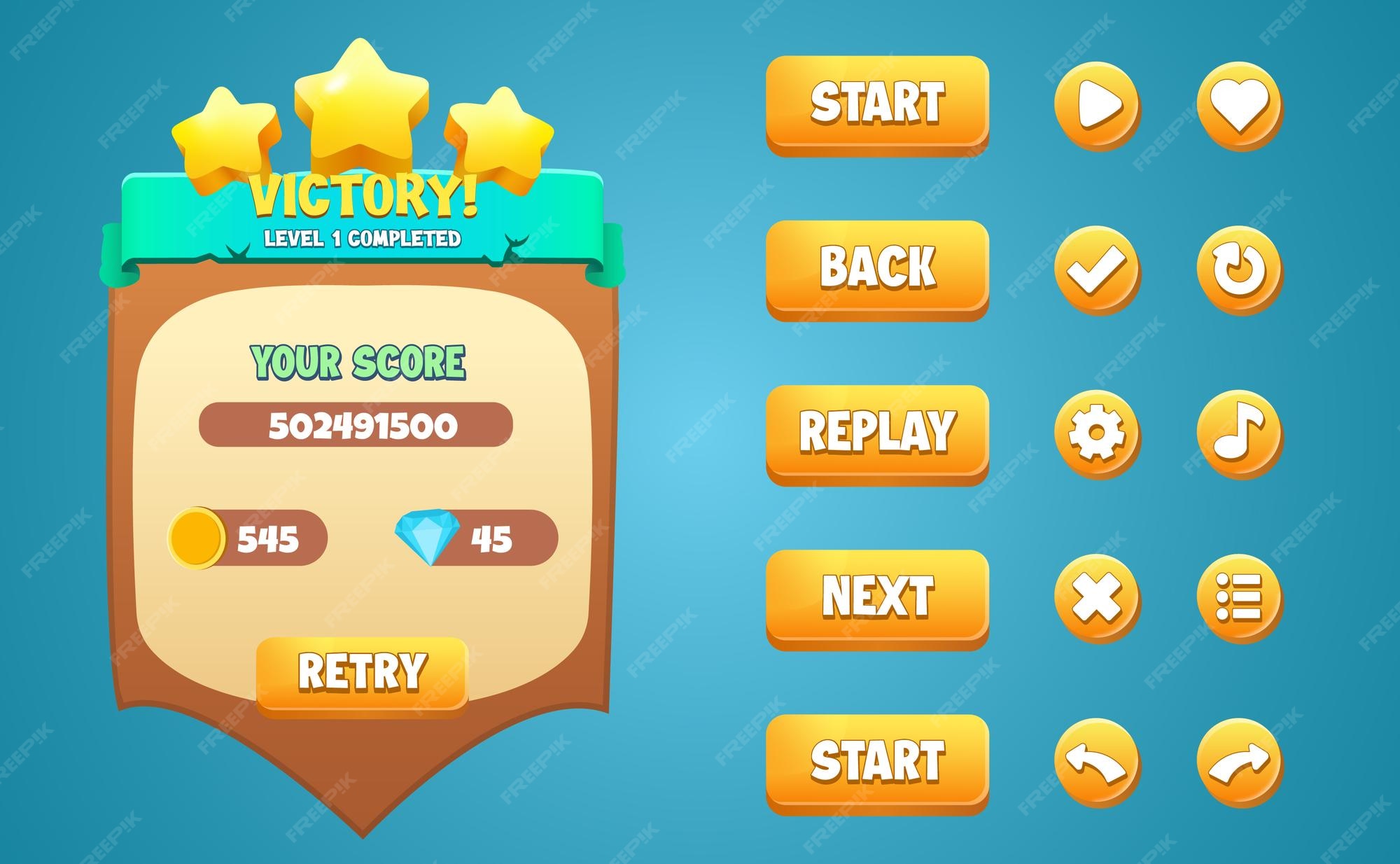 Premium Vector | Score menu scene pop up with sound music and buttons game ui complete menu ...