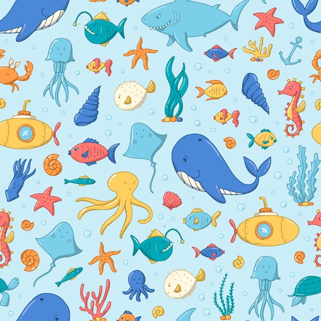 Premium Vector | Sea seamless pattern with doodles Premium Vector | Sea seamless pattern with doodles