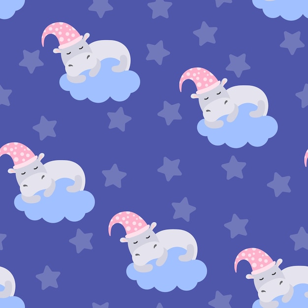 Premium Vector Seamless Pattern Cute Hippo Sleeps On A Cloud On A