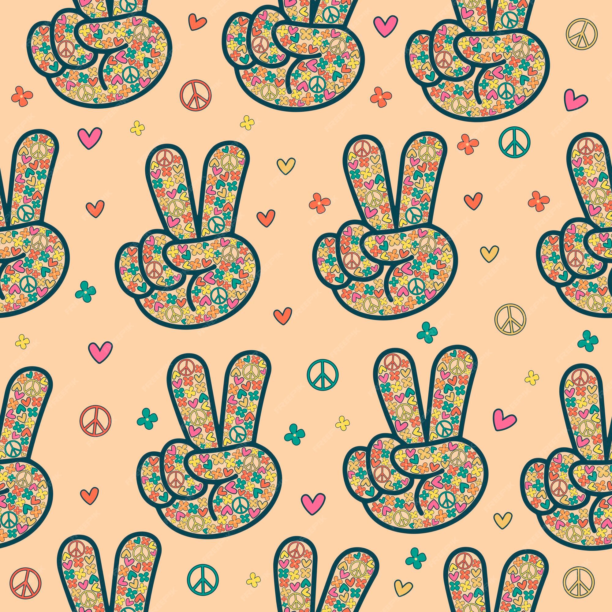Premium Vector Seamless Pattern In Hippie Style With Flowers V Sign On Beige Background With