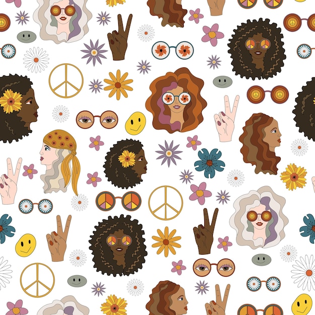 Premium Vector Seamless Pattern Hippies Flowers Pacific Peace