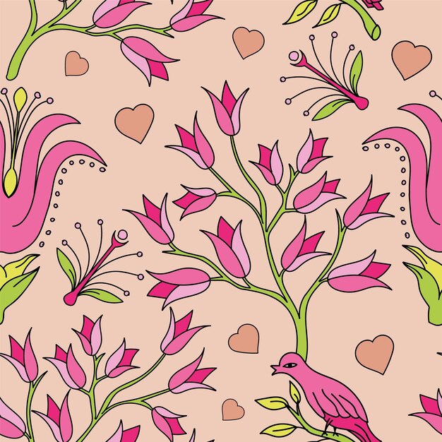 Premium Vector | Seamless vector flower birds design pattern Premium Vector | Seamless vector flower birds design pattern