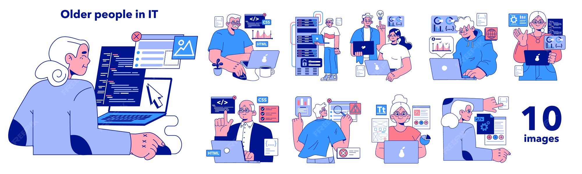 Premium Vector | Senior developer set old people programming and coding ...