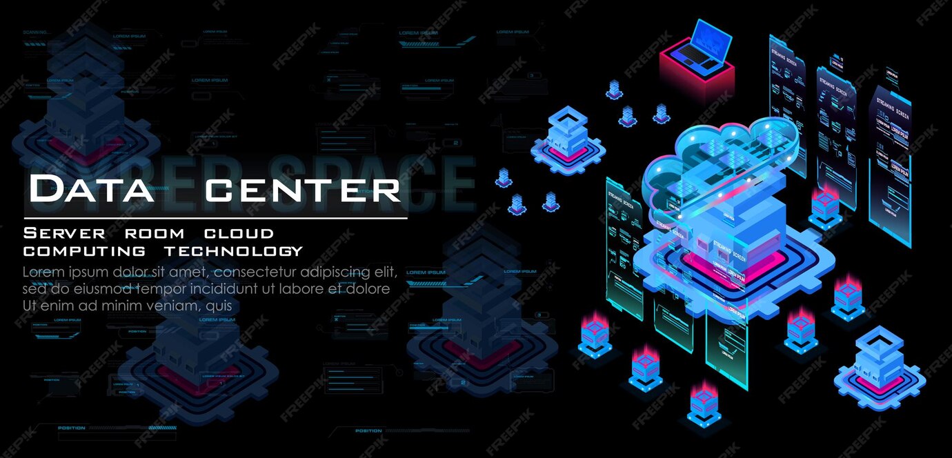 강력한 데이터 연산 스트림이 있는 서버실 웹 호스팅을 통한 서버 처리 센터 및 데이터 계산의 프로세스 데이터 센터 및 클라우드 컴퓨팅 아이소메트릭 개념 프리미엄 벡터
