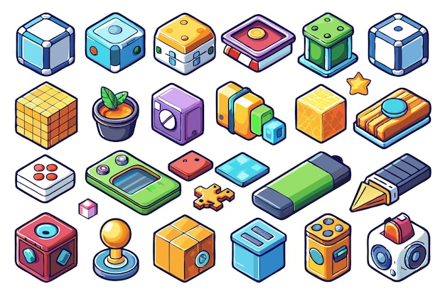 A set of 24 isometric pixel art game assets including cubes buttons ... A set of 24 isometric pixel art game assets including cubes buttons ...