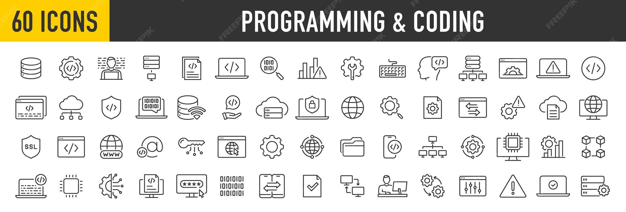 Premium Vector | Set of 60 programming and coding web icons in line ...