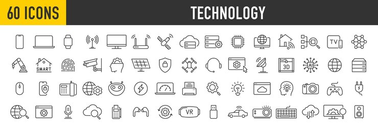 Premium Vector | Set of 60 technology web icons in line style computing ...