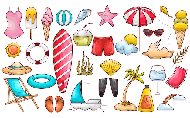 Set of collection vector flat color doodle summer theme illustration ... Set of collection vector flat color doodle summer theme illustration ...