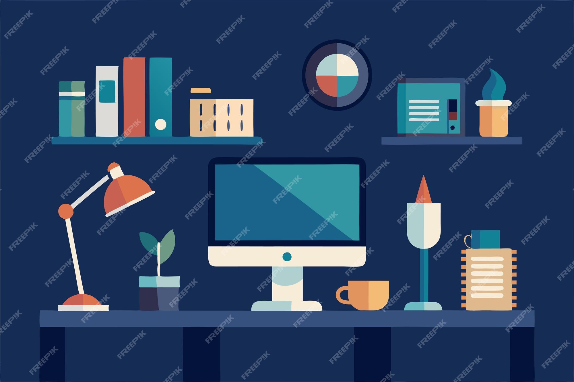 Set Of Computer Icons Office Objects And Office Desk Table Vector