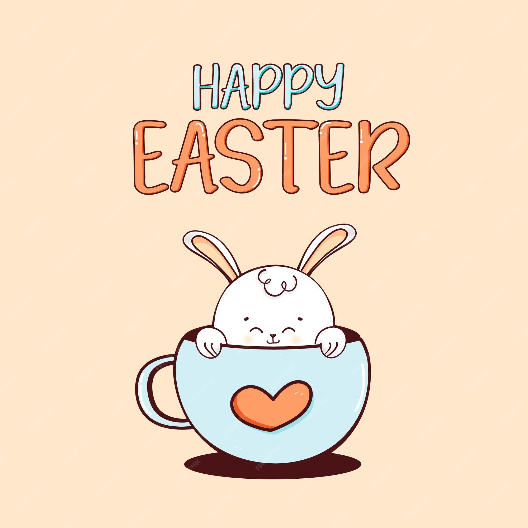 Premium Vector Set Cute Rabbit Happy Easter Bunnies With Tea Cup Holiday Concept Premium Vector