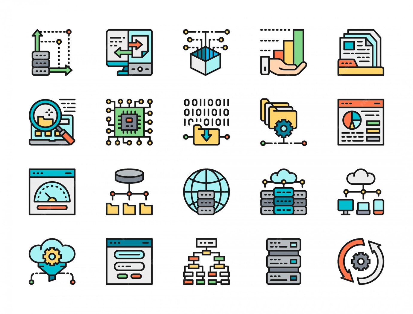 Premium Vector | Set of data analysis color line icons. hosting ...