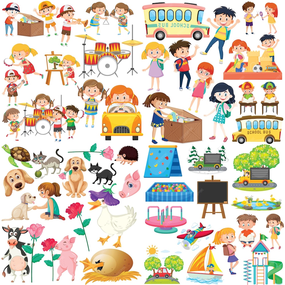Premium Vector | Set of different cute kids and objects Premium Vector | Set of different cute kids and objects