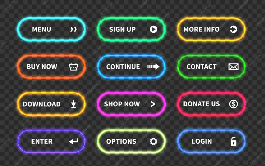 Premium Vector | Set of glow action buttons. neon web submit form, modern transition sign, game ...