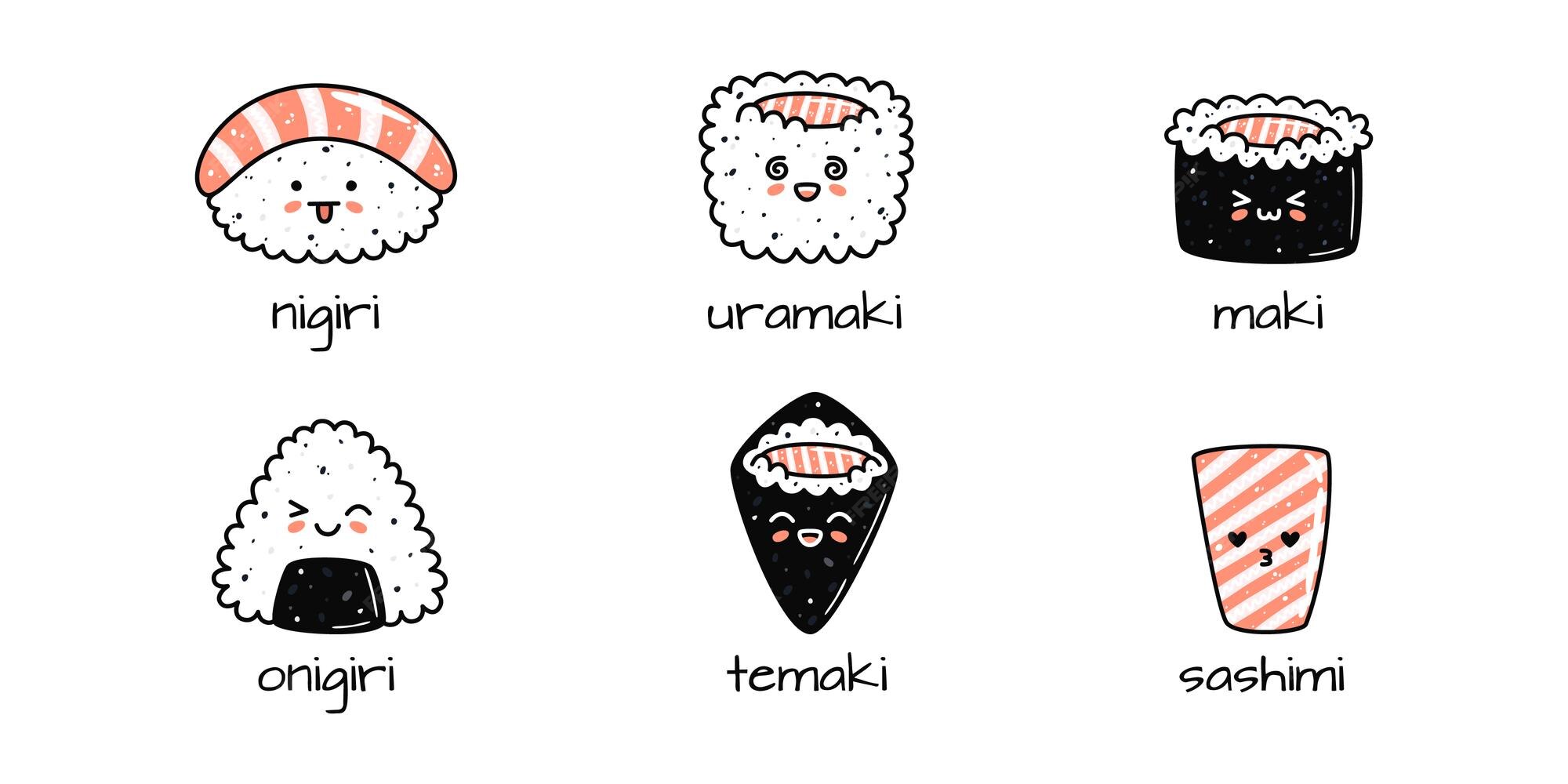 Premium Vector Set Of Kawaii Sushi Mascots In Cartoon Style Different Types Of Sushi