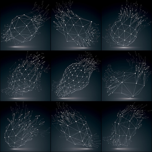 흰색 연결된 선과 점이 있는 3d 벡터 낮은 폴리 개체 집합 입자가 있는 와이어프레임 모양 관점 부서진 형태의 컬렉션입니다 발광 효과 통신 기술 프리미엄 벡터