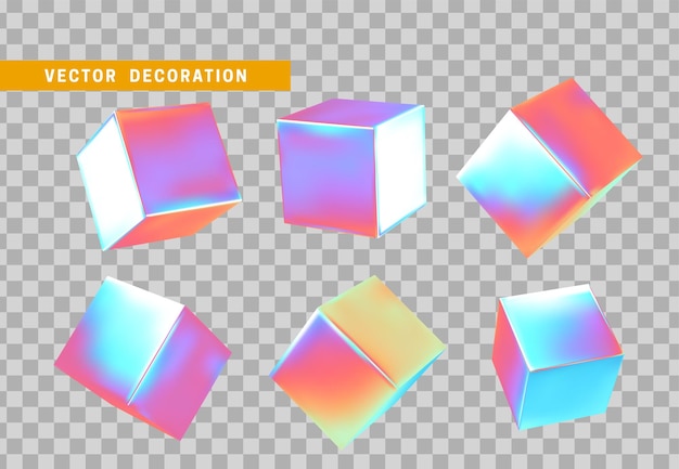 큐브 세트는 화려한 홀로그램 카멜레온 색상 그라데이션으로 격리된 3차원 기하학적 모양입니다 3d 개체 블록 벡터 일러스트 레이 션 프리미엄 벡터