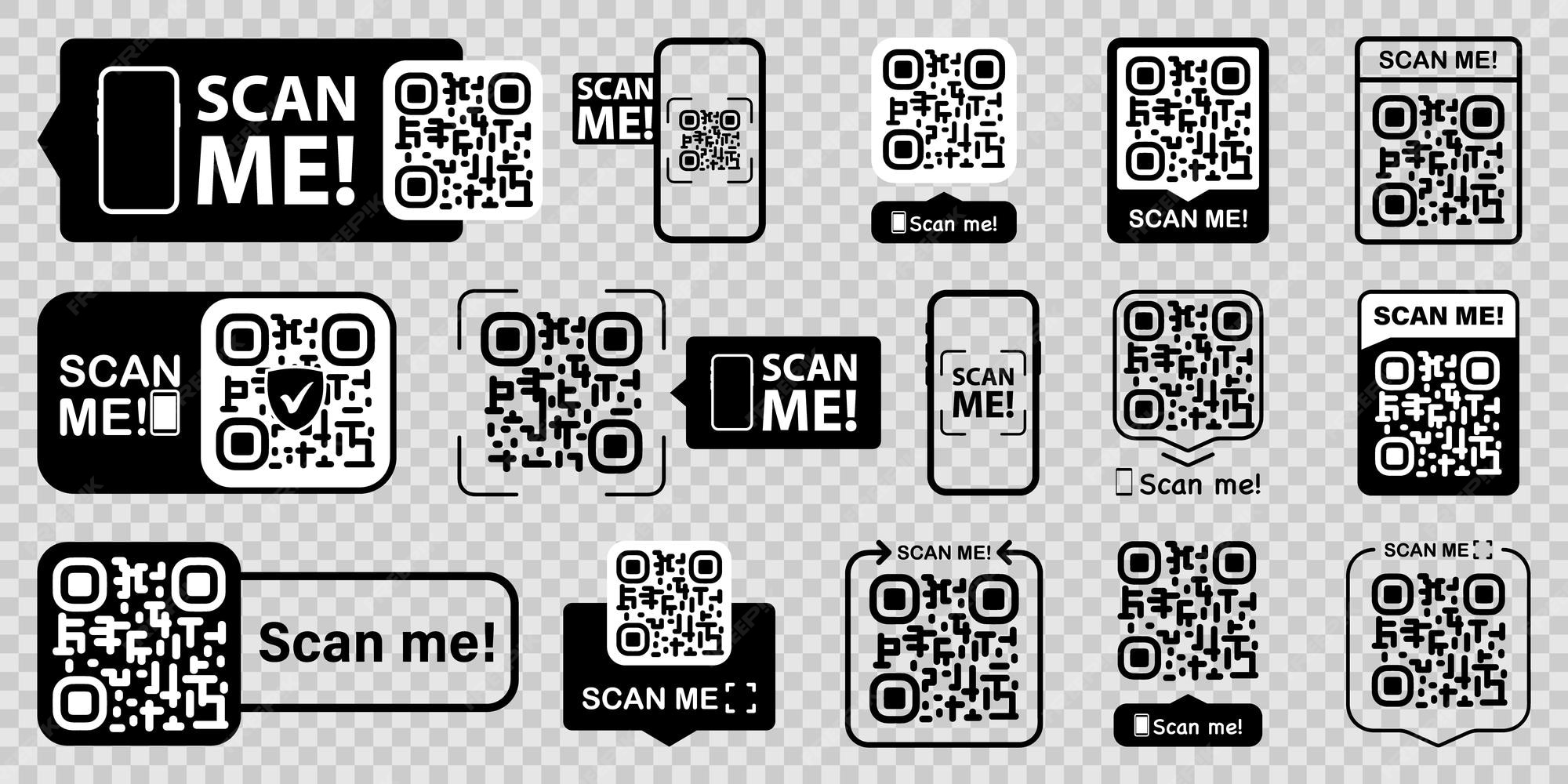 결제 전자 지갑 웹 모바일 앱 Ui Ux 디자인 요소에 대한 전화 Qr 코드가 포함된 스캔 미 비문이 있는 Qr 코드 세트 비문