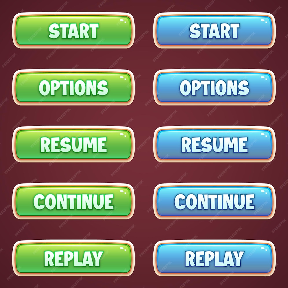 편집 가능한 텍스트 효과가 있는 현실적인 게임 버튼 세트입니다. 게임을 만들기 위한 Gui 디자인. 게임 버튼 키트 | 프리미엄 벡터