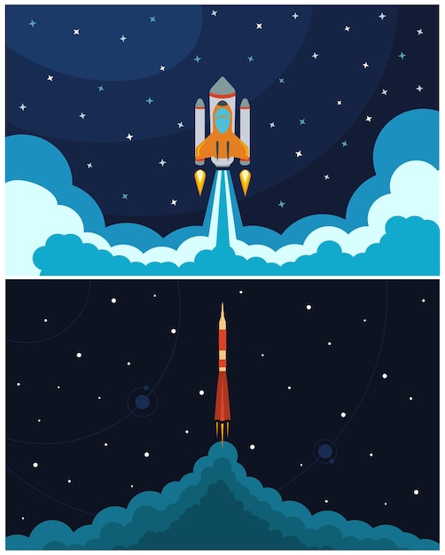 宇宙ロケット打ち上げのセット。飛んでいるロケットとベクトルイラスト。宇宙旅行。プロジェクト開発。創造的なアイデア。 プレミアムベクター