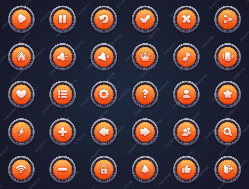 Premium Vector | Set of orange buttons for mobile games game interface cartoon ui buttons set ...