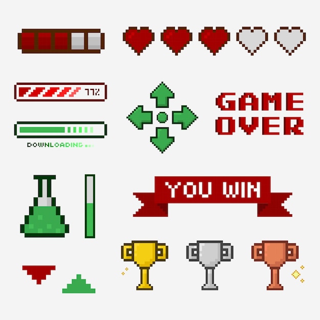 Premium Vector | Set of Pixel game elements 8bit pixel game icon Premium Vector | Set of Pixel game elements 8bit pixel game icon