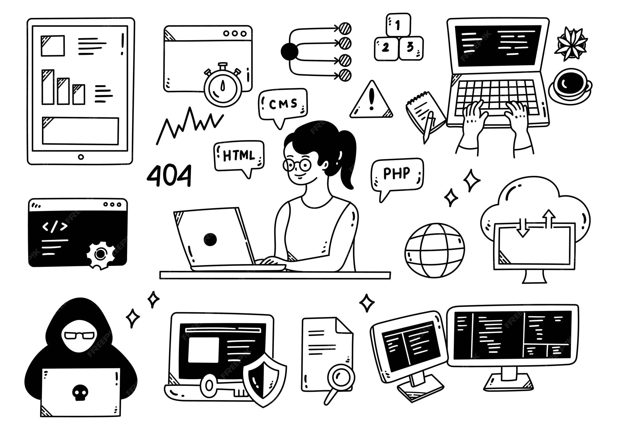 Premium Vector | Set of Programmer Related Object Doodle, Web ...