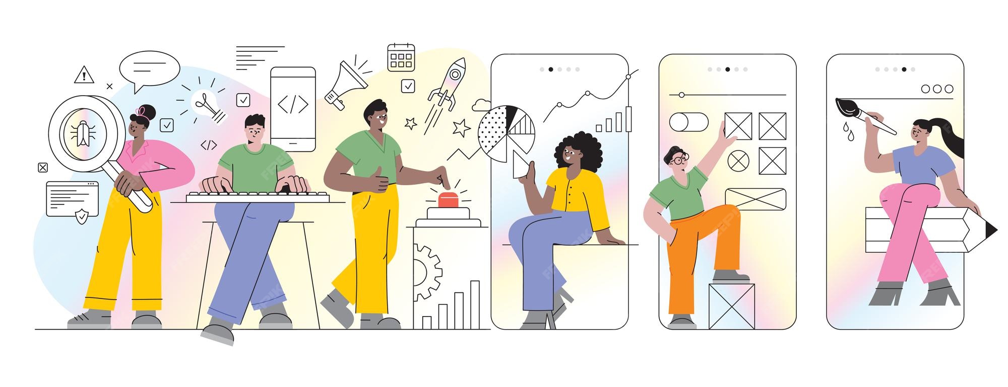 Premium Vector | Set of programmers working on web development on computers Concept of script ...