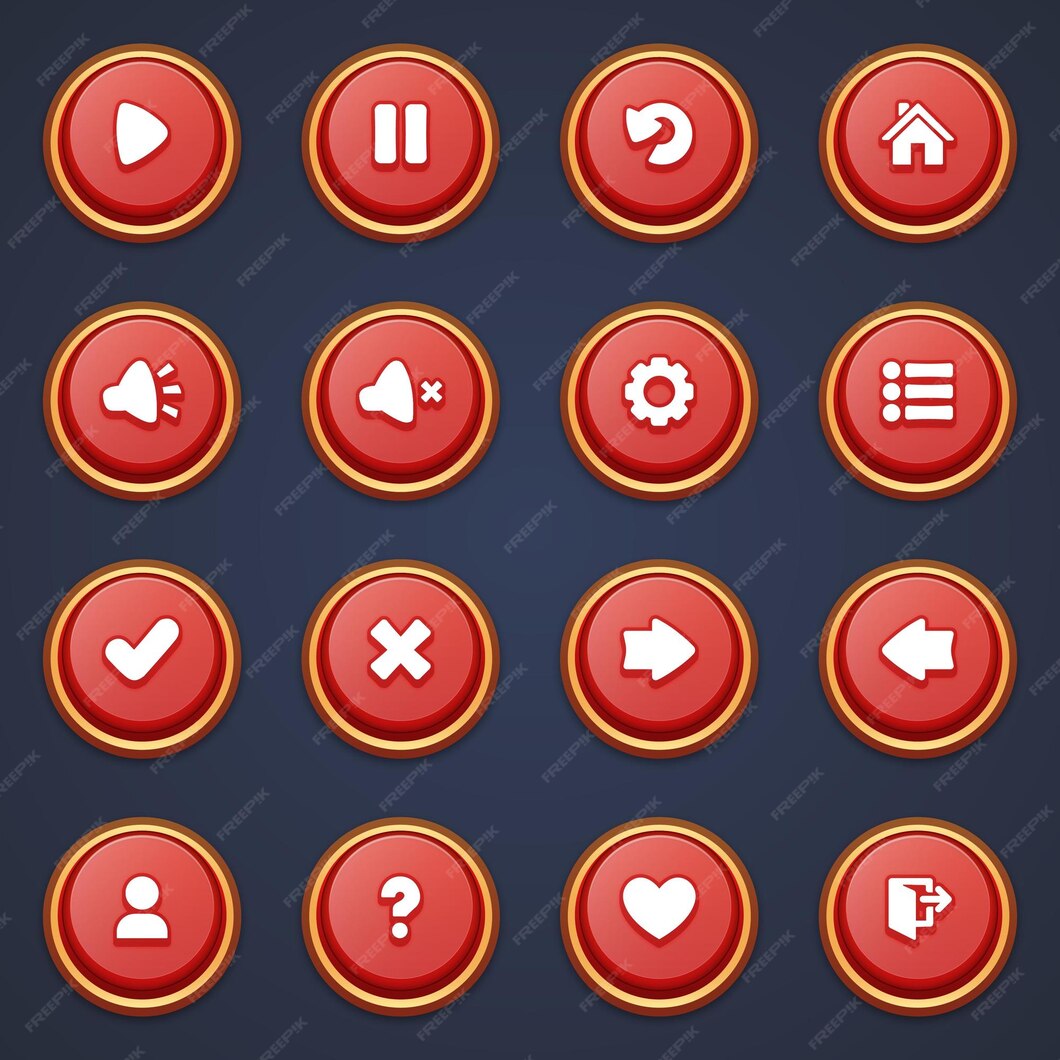 Premium Vector | Set of red buttons for mobile games game interface cartoon ui buttons set game ...