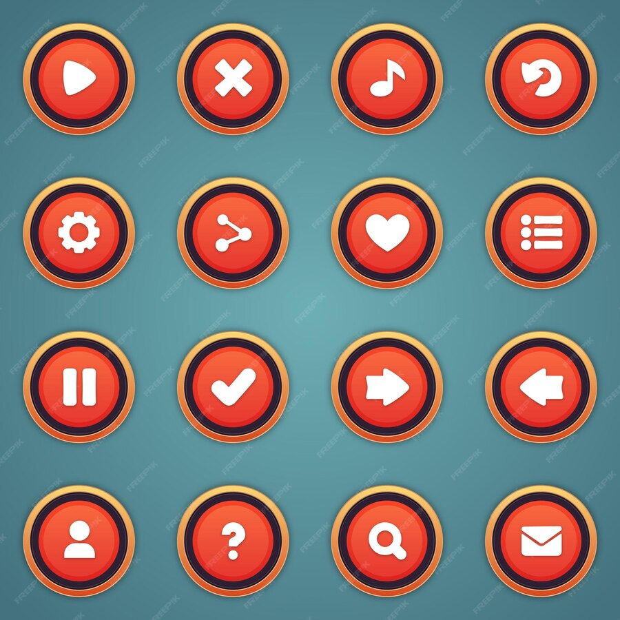 Premium Vector | Set of red buttons for mobile games game interface cartoon ui buttons set game ...