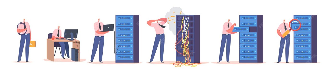 Premium Vector Set Of System Administrator Working Routine Sysadmin Character Work On Computer