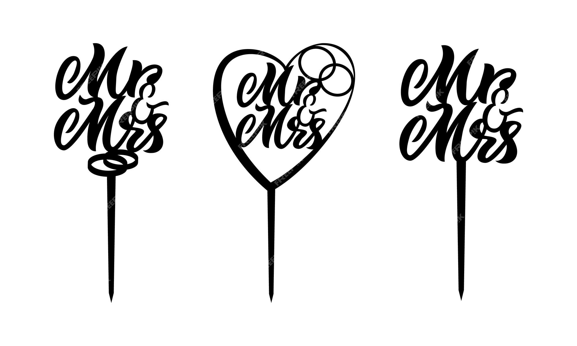 Premium Vector Set Of Three Cake Toppers Mr And Mrs With Heart Rings