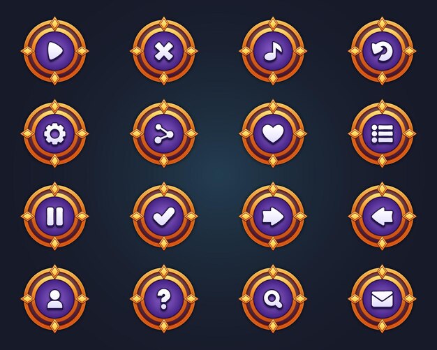 Set van paarse knoppen voor mobiele spelletjes game interface cartoon ... Set van paarse knoppen voor mobiele spelletjes game interface cartoon ...