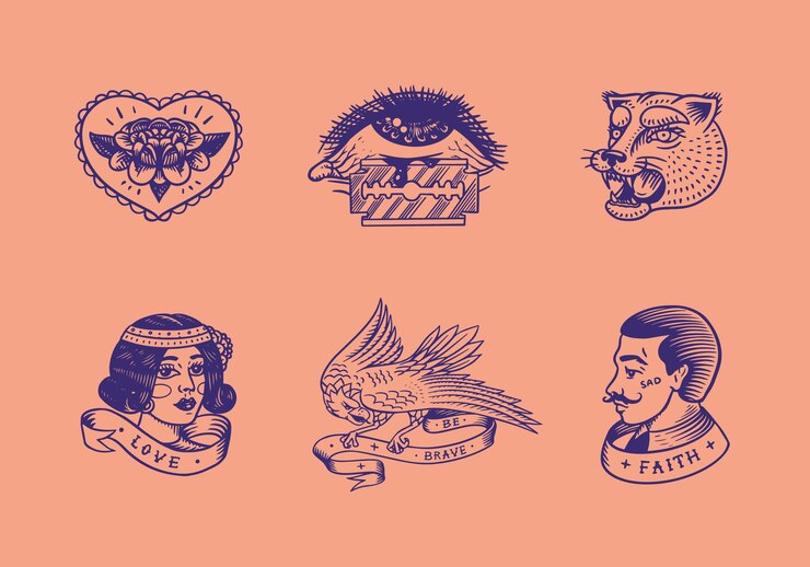 Premium Vector | Set of vintage old school tattoo characters playing ... Premium Vector | Set of vintage old school tattoo characters playing ...