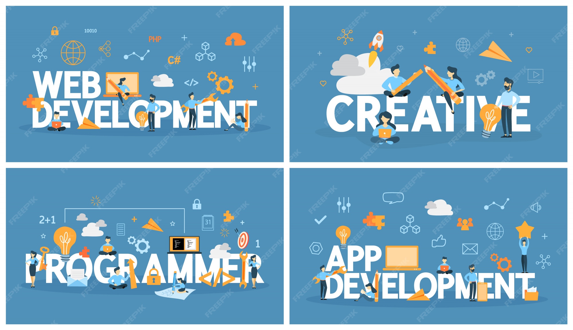 Premium Vector | Set of web development word with people around. app ...