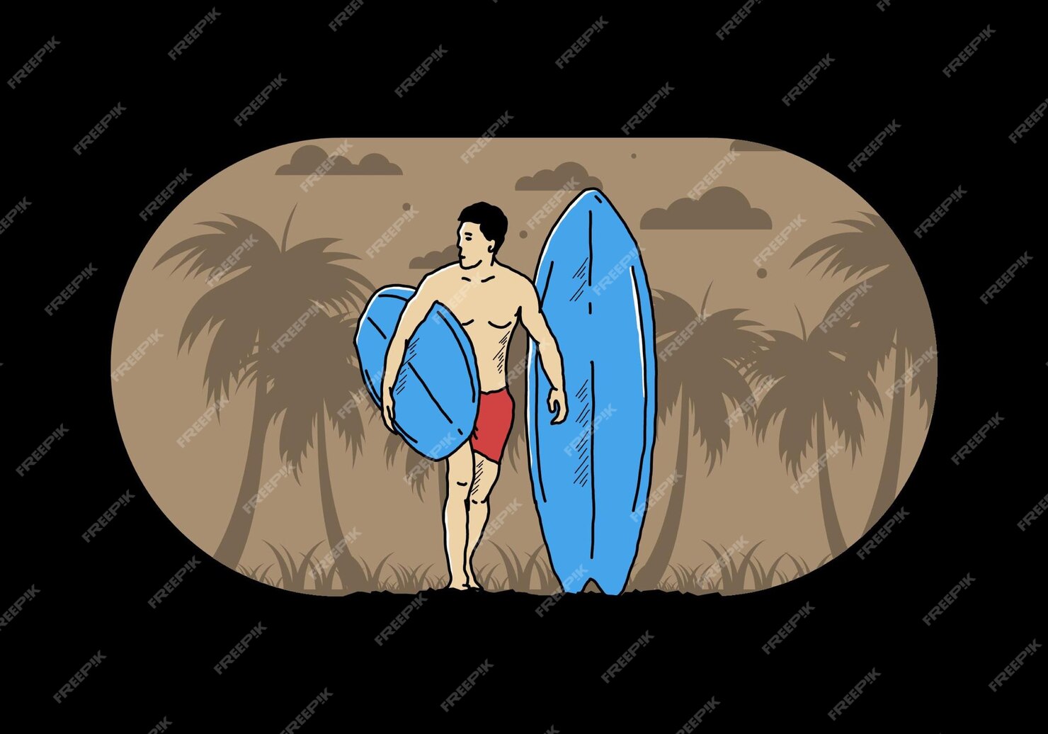 Premium Vector The Shirtless Man Holding Surfboard Illustration