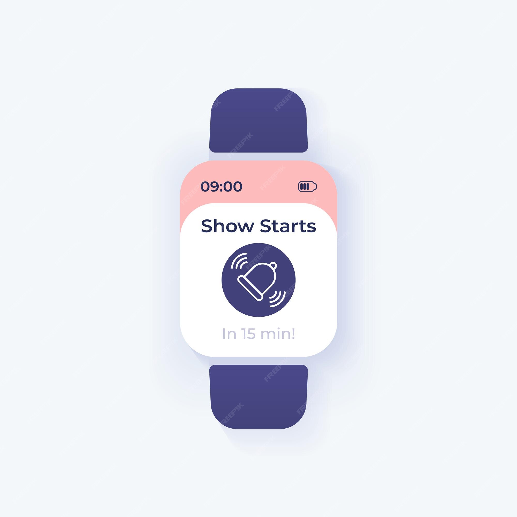 시작 경고 스마트워치 인터페이스 벡터 템플릿을 표시합니다 모바일 앱 알림 주간 모드 디자인 알림 메시지 화면 응용 프로그램에 대한 평면 Ui 스마트 시계 디스플레이에